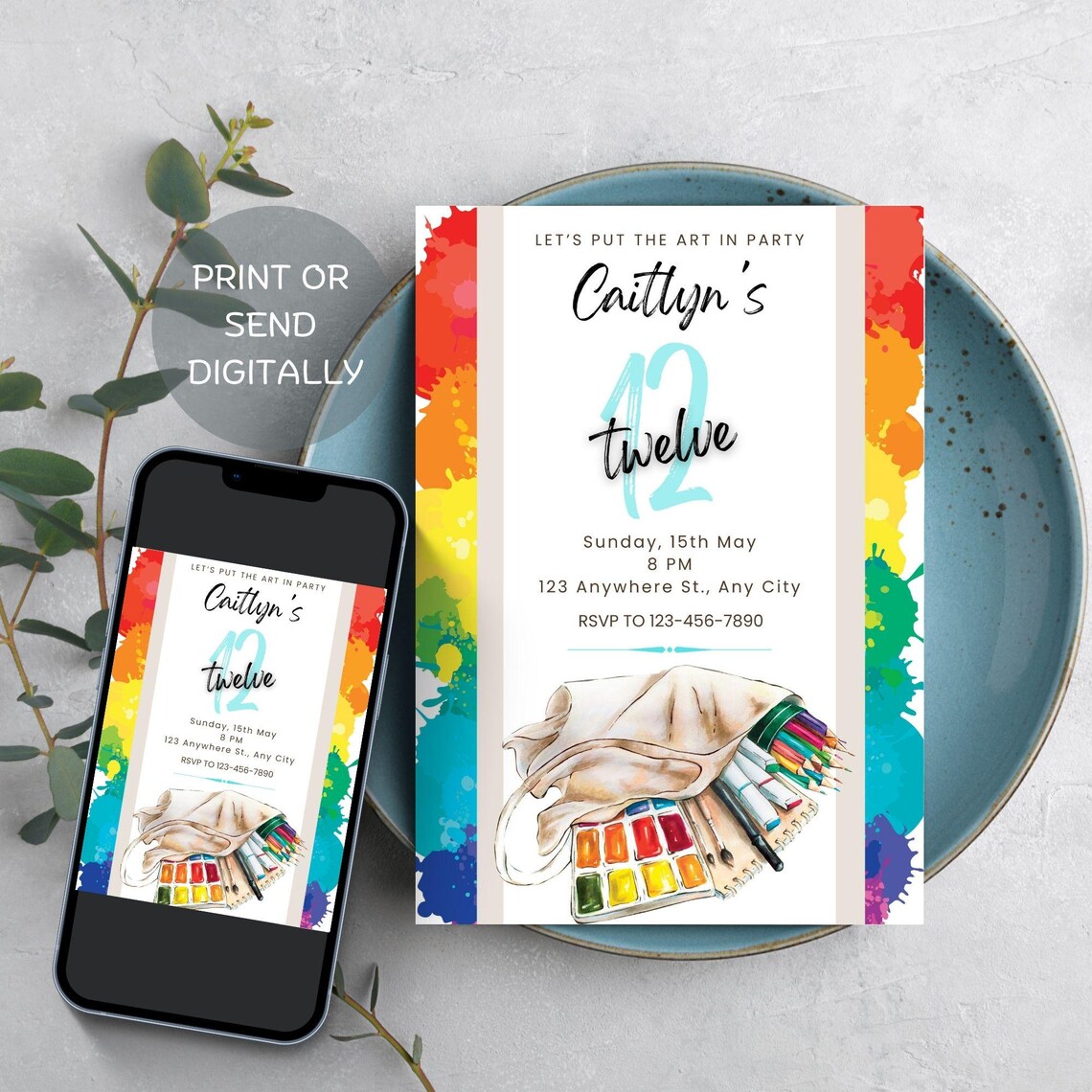 Editable Art Theme Invitation, Art Birthday Invite, Paint Party, Kid ...