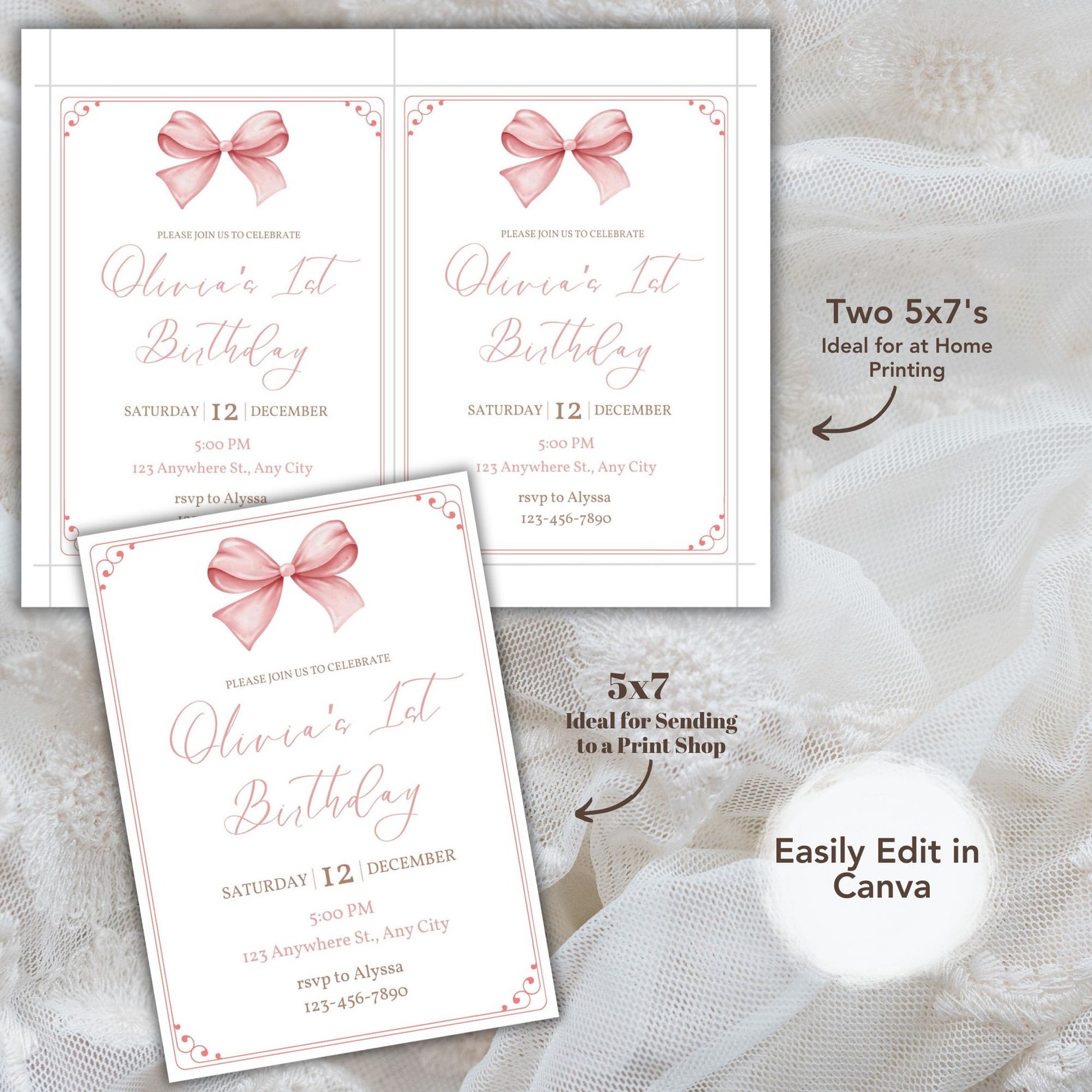 Editable Bow Themed First Birthday Invitation, Charming Birthday Invite ...