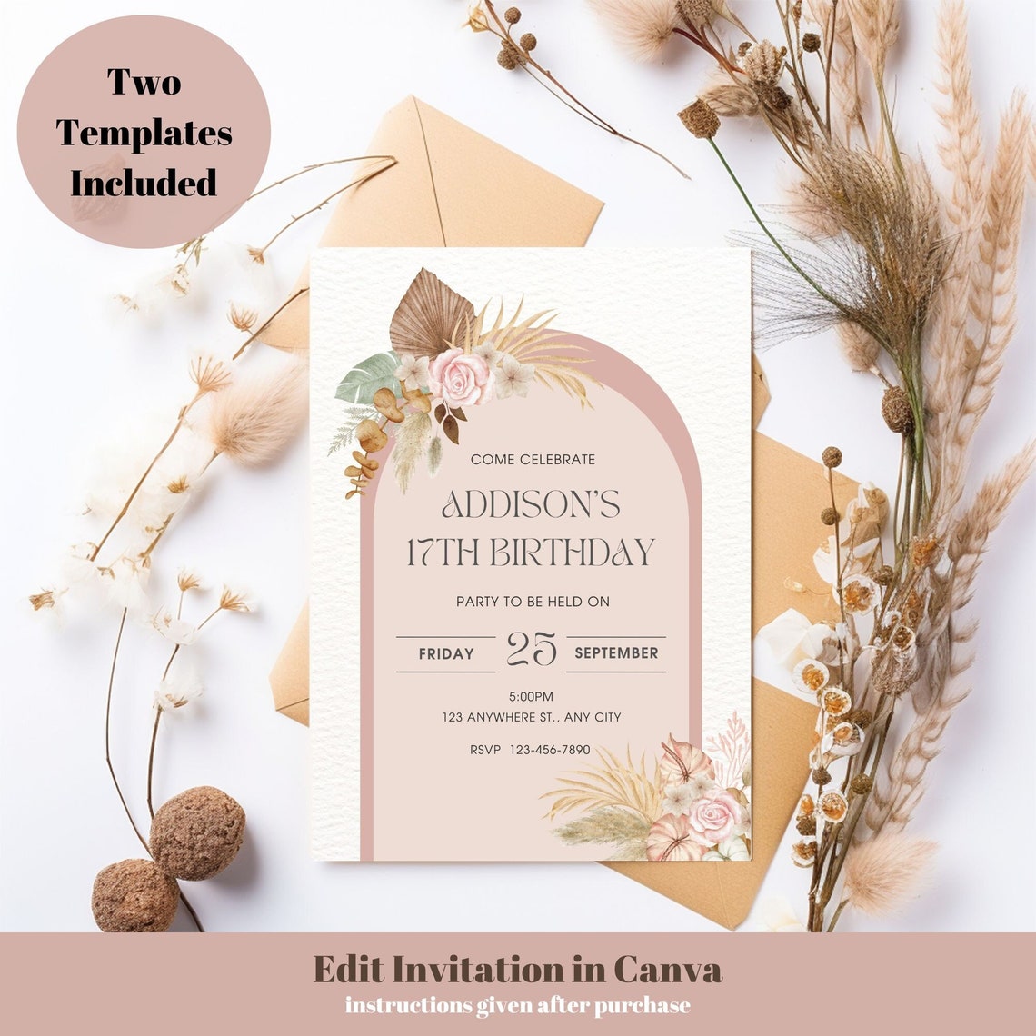 Printable Boho Invitation, Boho Floral Invite, Boho Theme Party, Teen ...