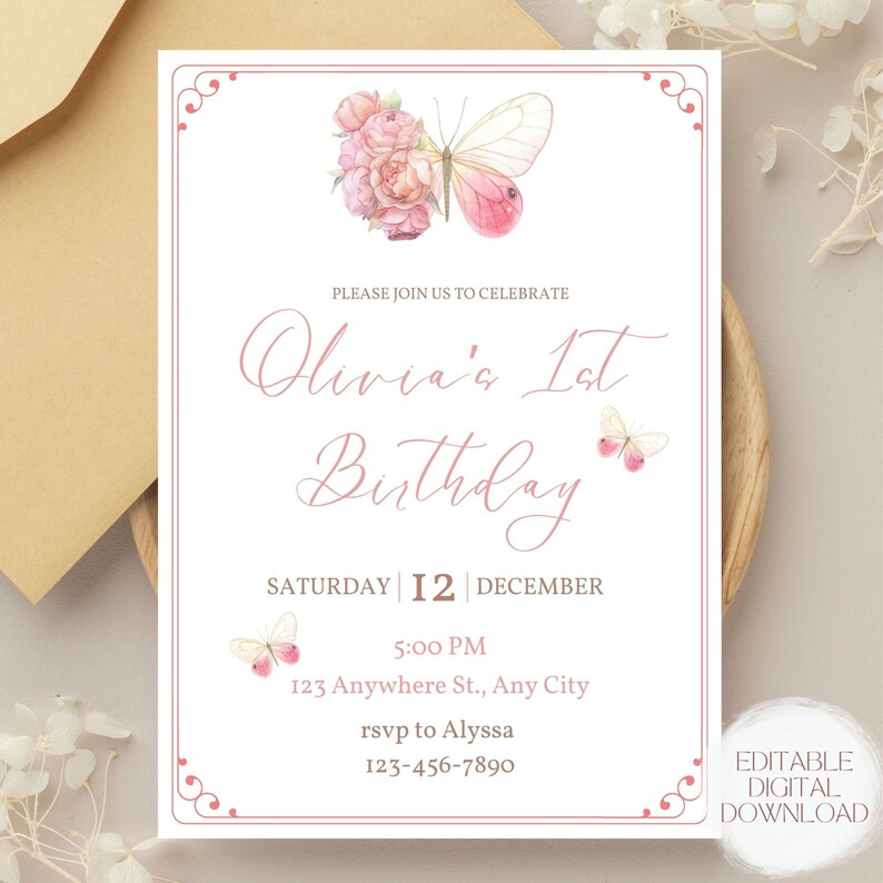 Editable Butterfly Birthday Invitation, Butterfly Theme, Elegant ...