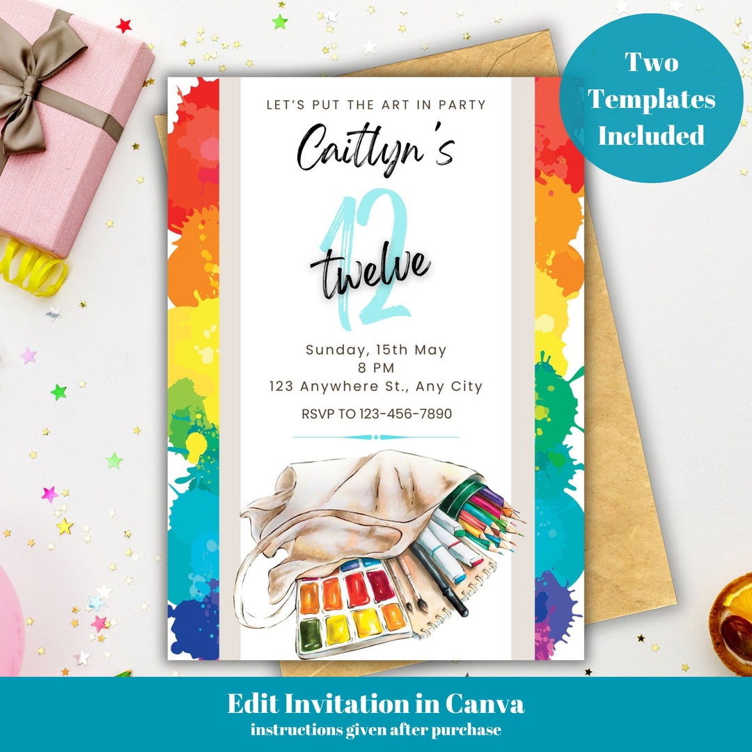 Editable Art Theme Invitation, Art Birthday Invite, Paint Party, Kid ...