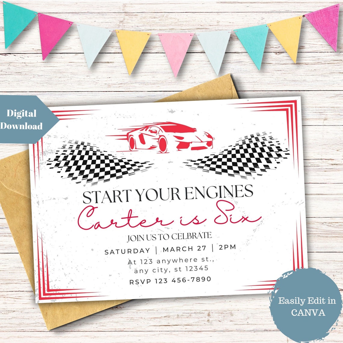 Race Car Theme Party Invitation, Race Car Birthday, Kid's Racing Party ...