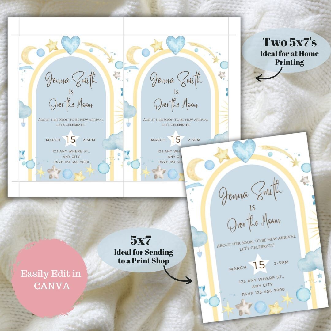 Moon and Stars Theme Baby Shower Invitation, Over the Moon Invite, Boy ...