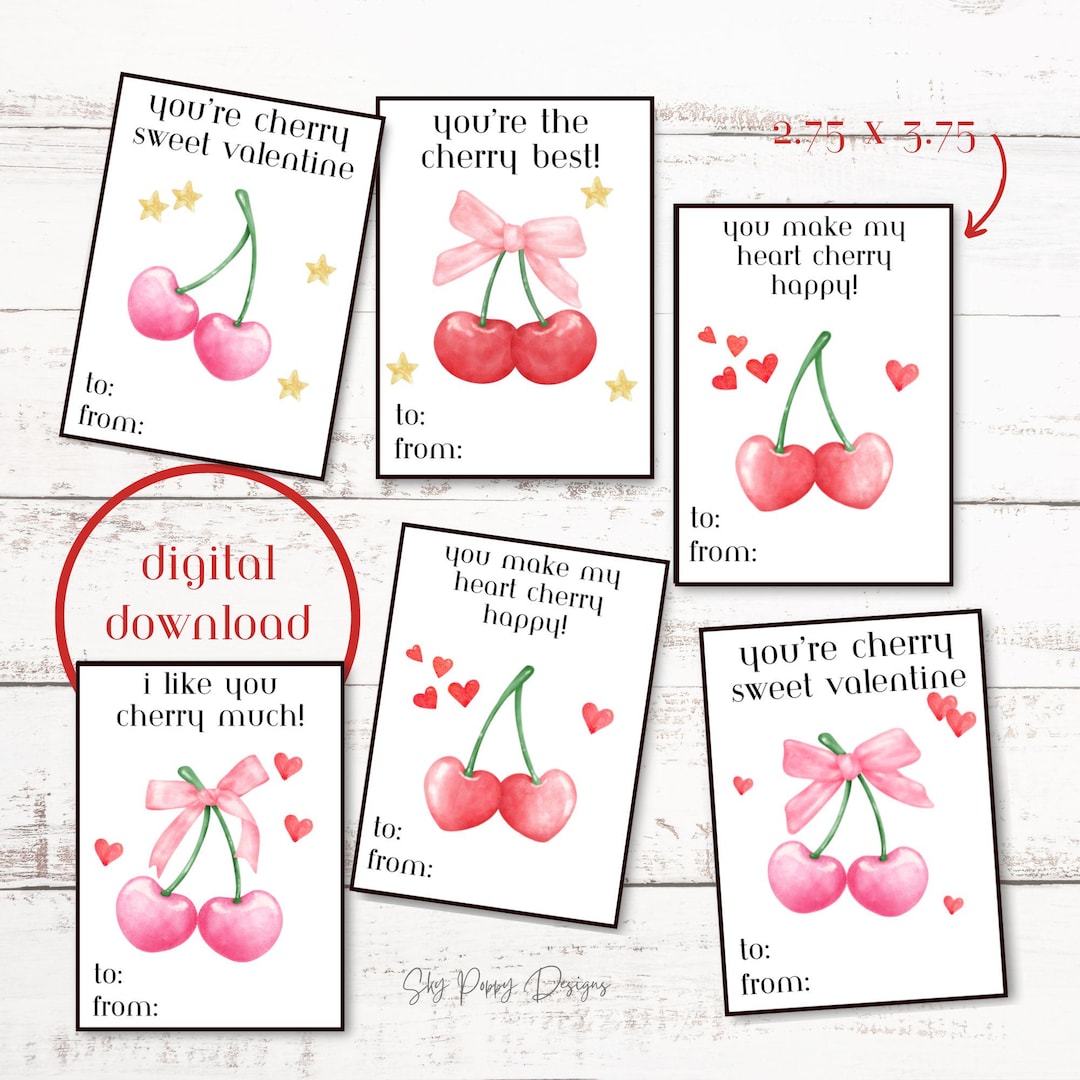 Cherry Printable Valentine Cards, Cherry Sweet Valentine, Class Party ...