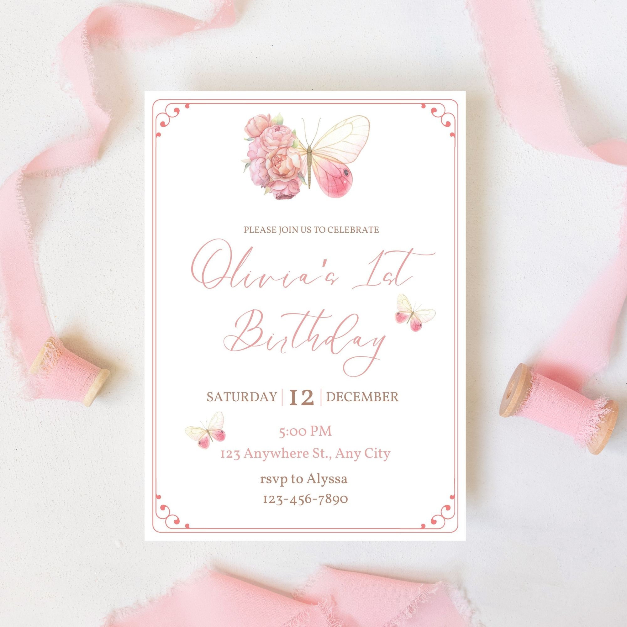 Editable Butterfly Birthday Invitation, Butterfly Theme, Elegant ...