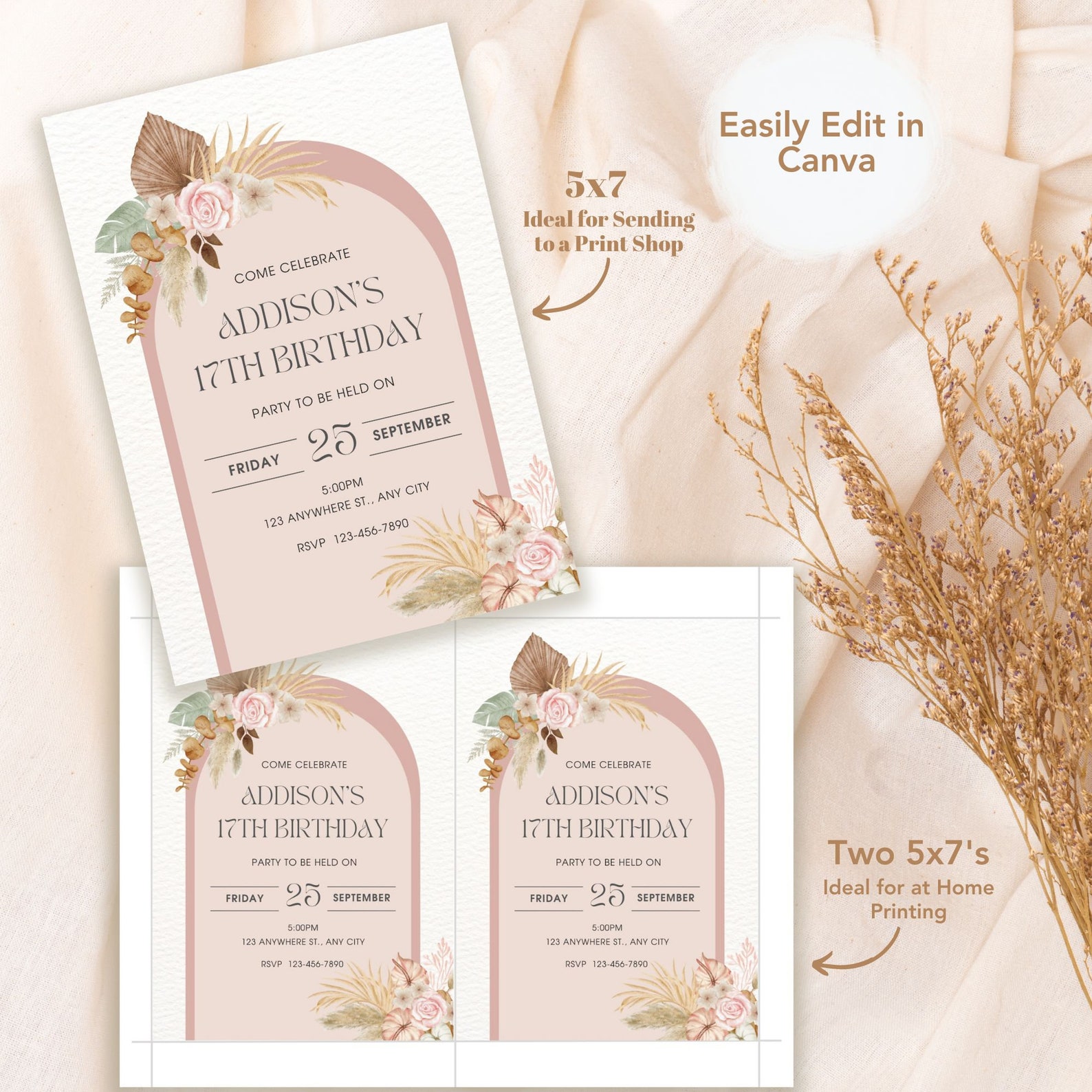 Printable Boho Invitation, Boho Floral Invite, Boho Theme Party, Teen ...
