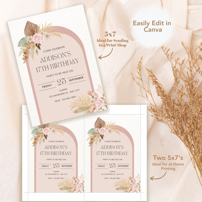 Printable Boho Invitation, Boho Floral Invite, Boho Theme Party, Teen ...
