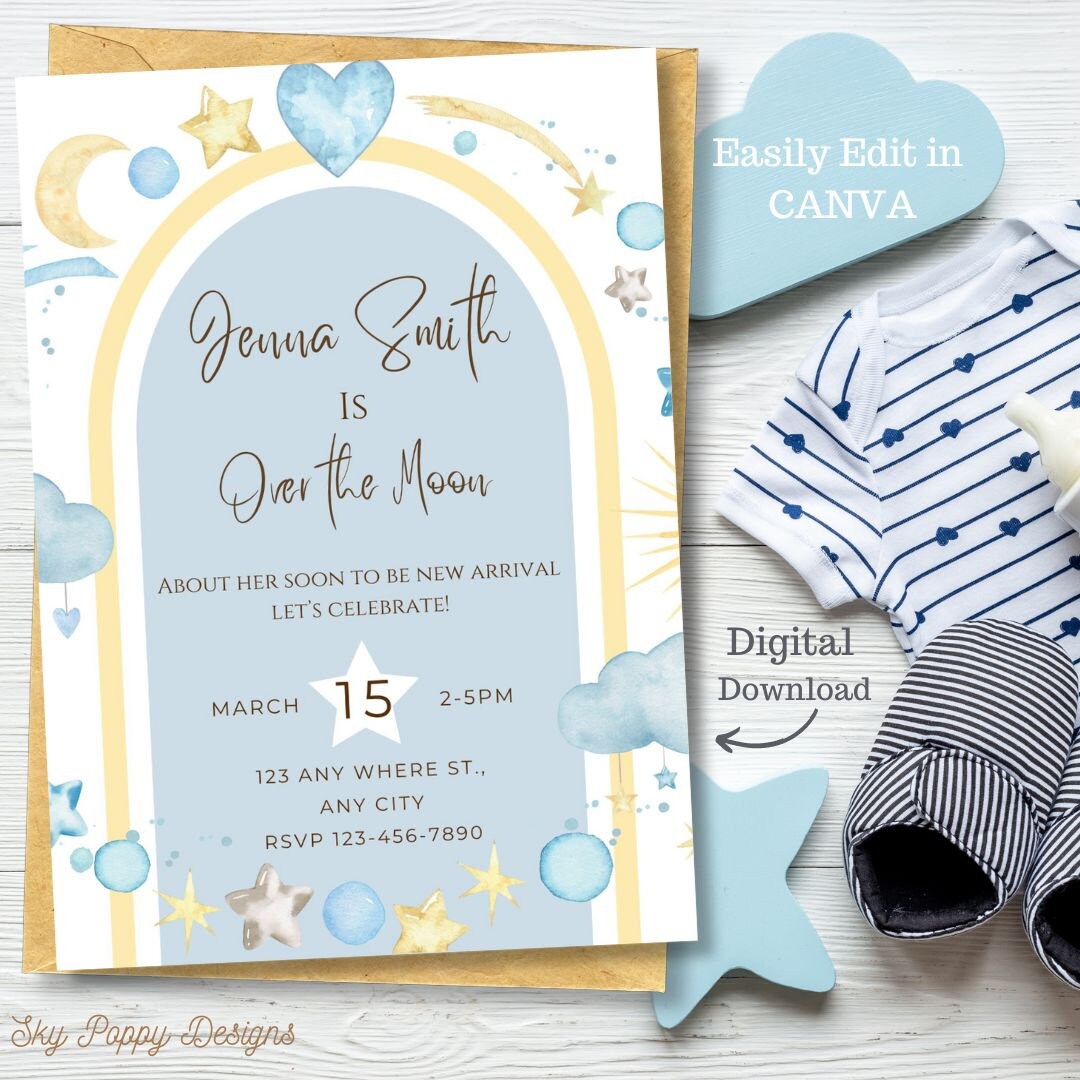 Moon and Stars Theme Baby Shower Invitation, Over the Moon Invite, Boy ...