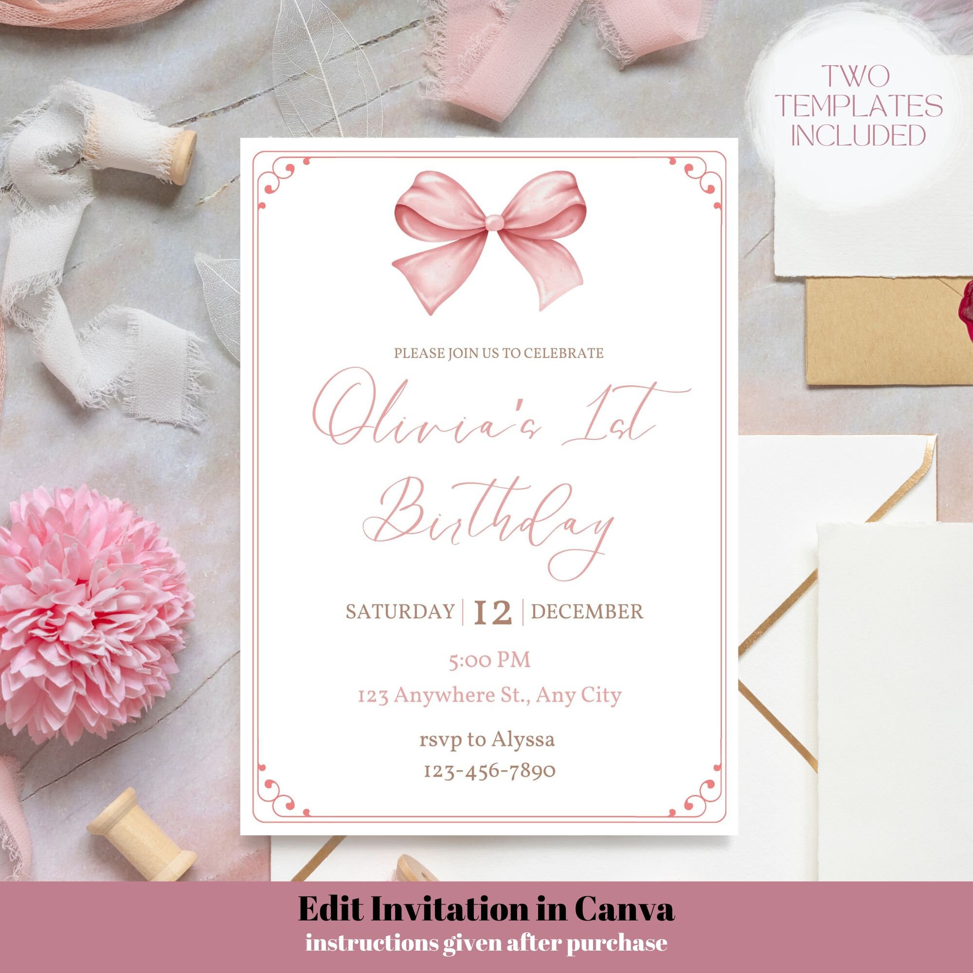 Editable Bow Themed First Birthday Invitation, Charming Birthday Invite ...