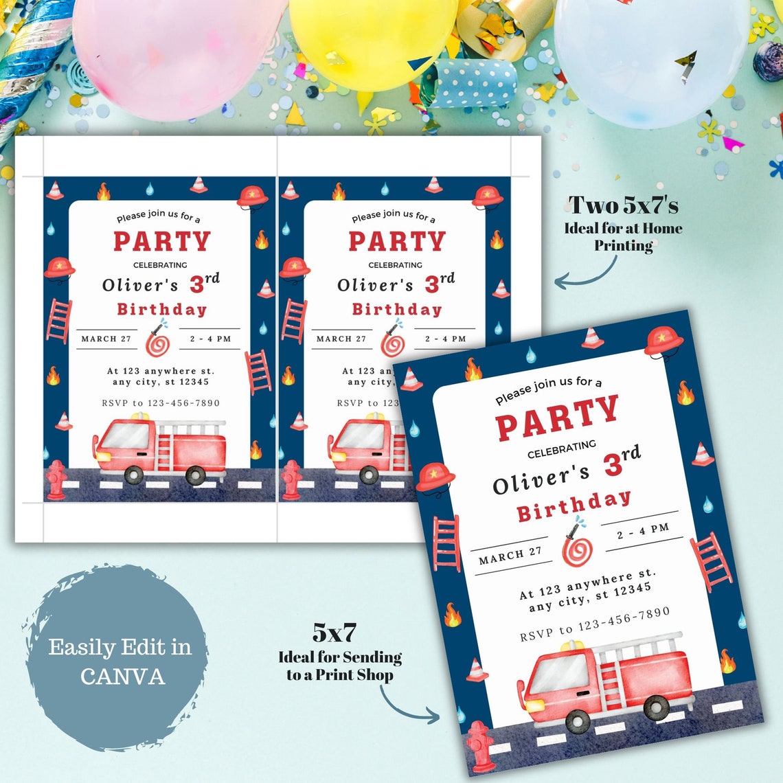 Editable Firefighter Birthday Invitation, Kids Firefighter Birthday ...