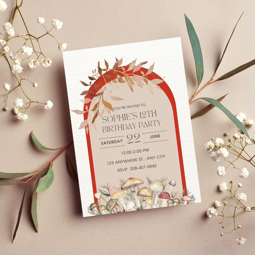 Editable Mushroom Themed Birthday Invitation, Woodland Theme Invite ...