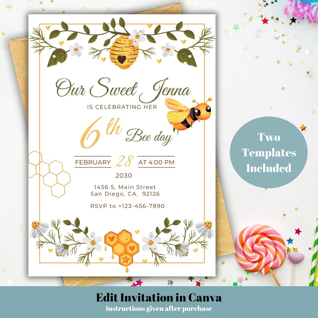 Editable Bee Themed Birthday Invitation, Summer Birthday, Honey Bee ...
