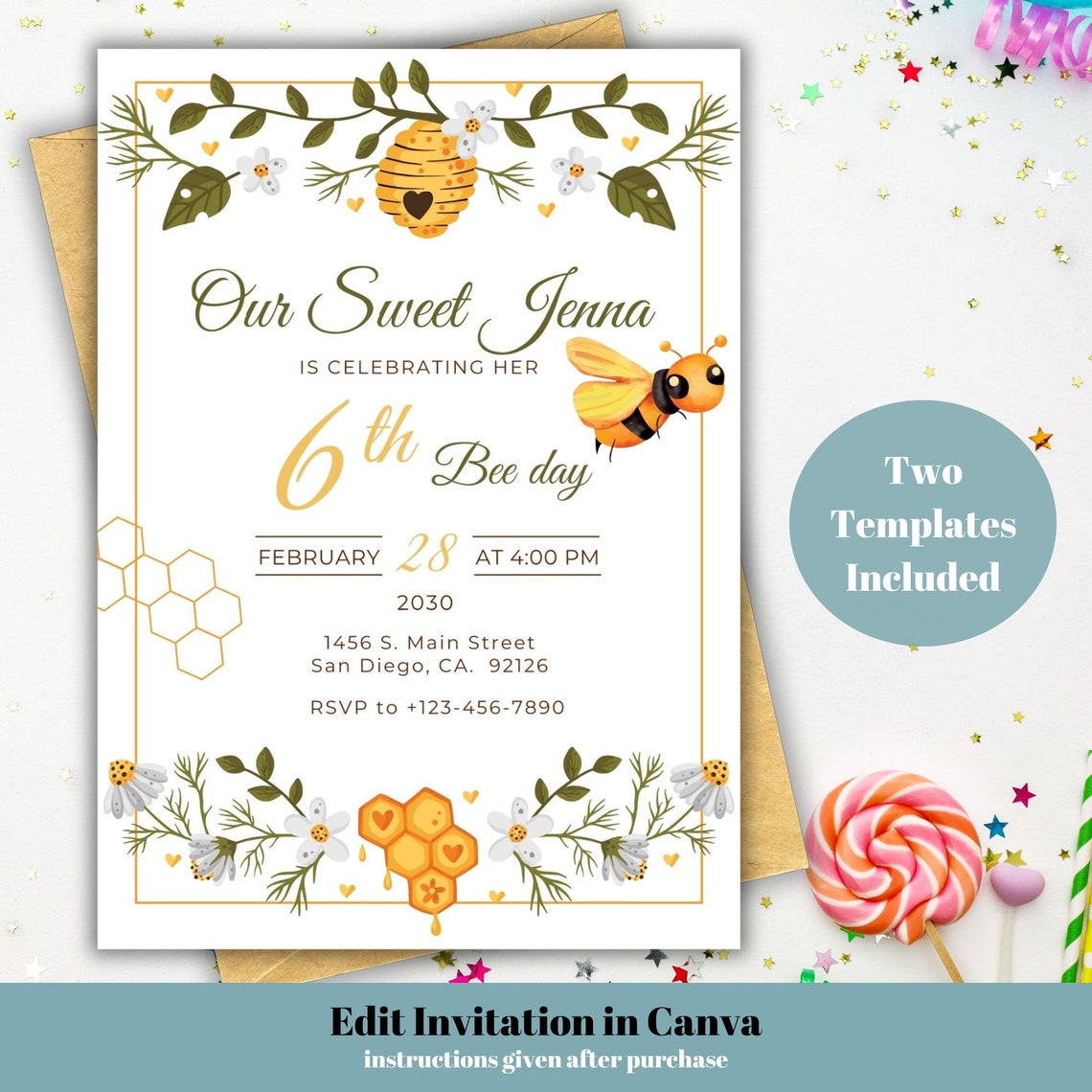 Editable Bee Themed Birthday Invitation, Summer Birthday, Honey Bee ...