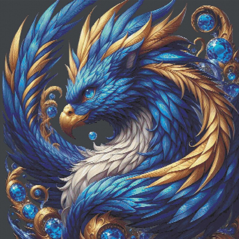 A Griffin With Blue and Gold Feathers. A Large Counter Cross Stitch ...