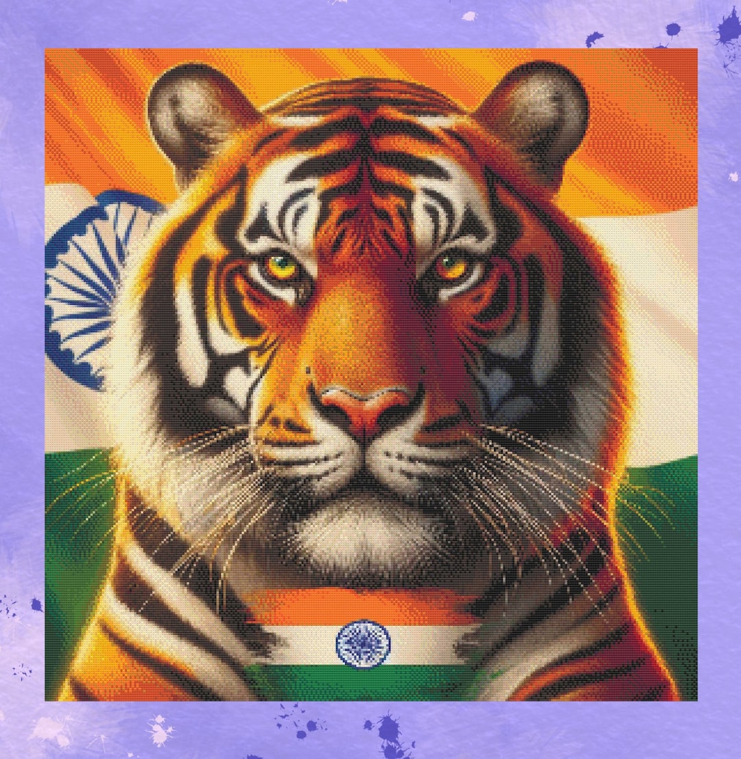 Bengal Tiger With the Flag of India. Large Cross Stitch, 285w X 285h ...