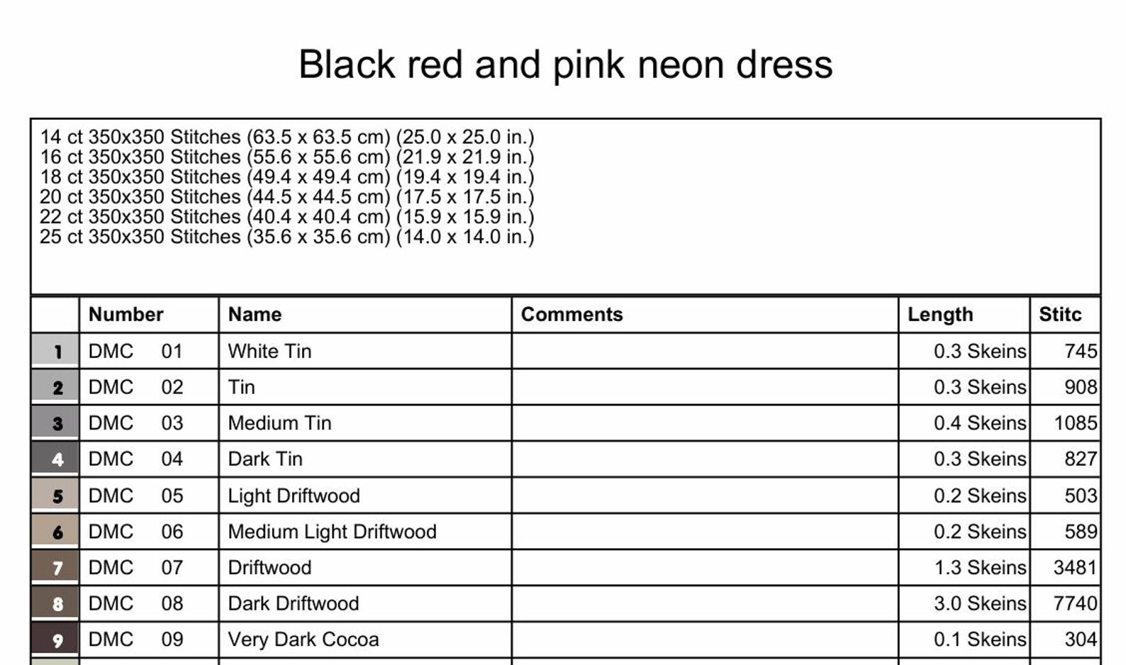 Black, Red, and Pink Neon Dress. Large Cross Stitch. Pattern Keeper ...