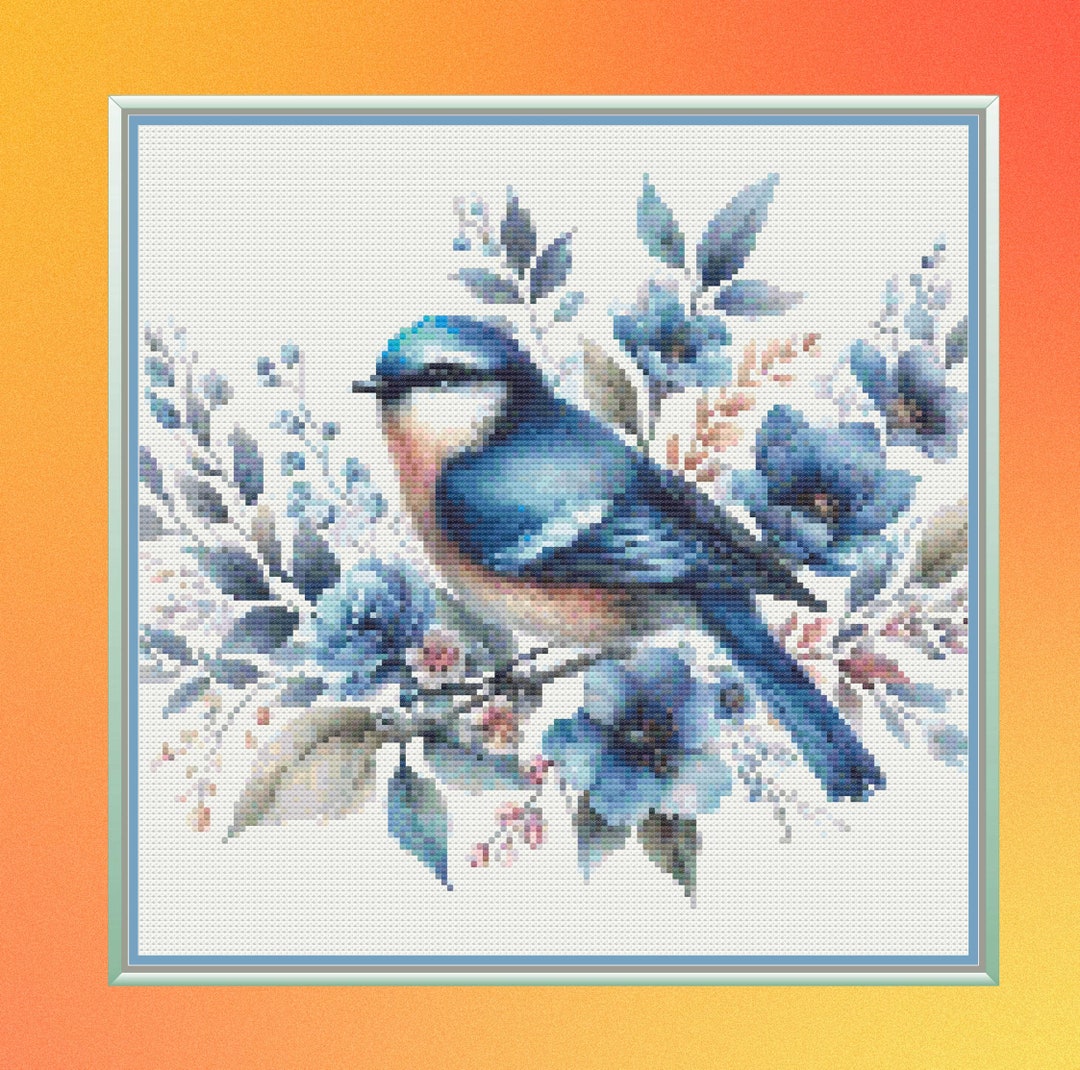 Blue Bird With Blue Floral. Medium Cross Stitch. PDF Download Patter ...
