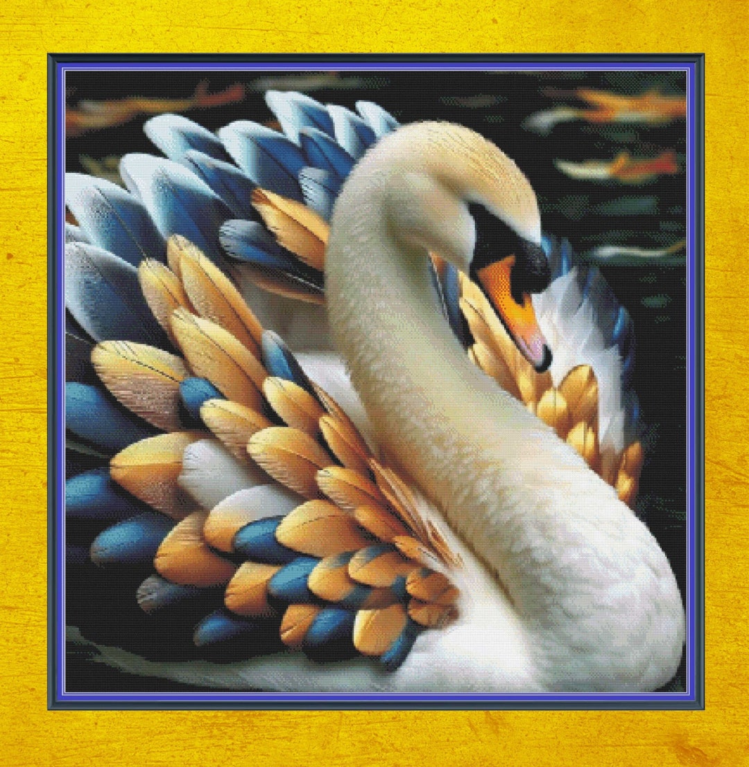 Swan With Blue and Gold Feathers. Large Cross Stitch. PDF Download ...