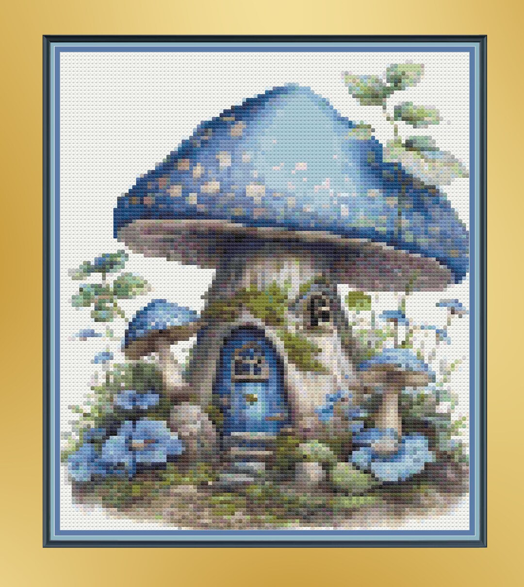Blue Mushroom House. Small Cross Stitch, 108w X 126h Stitches. PDF ...