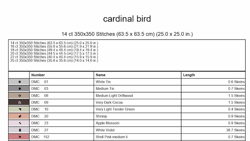 Cardinal Bird. Large Cross Stitch, 350w X 350h Stitches. PDF Download ...