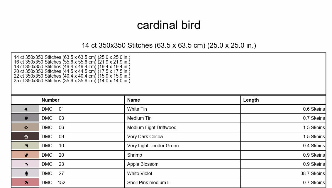 Cardinal Bird. Large Cross Stitch, 350w X 350h Stitches. PDF Download ...