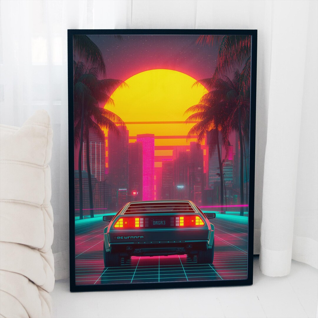 Vintage Neon Grid Art Print, Retro Delorean Wall Decor, High Quality ...