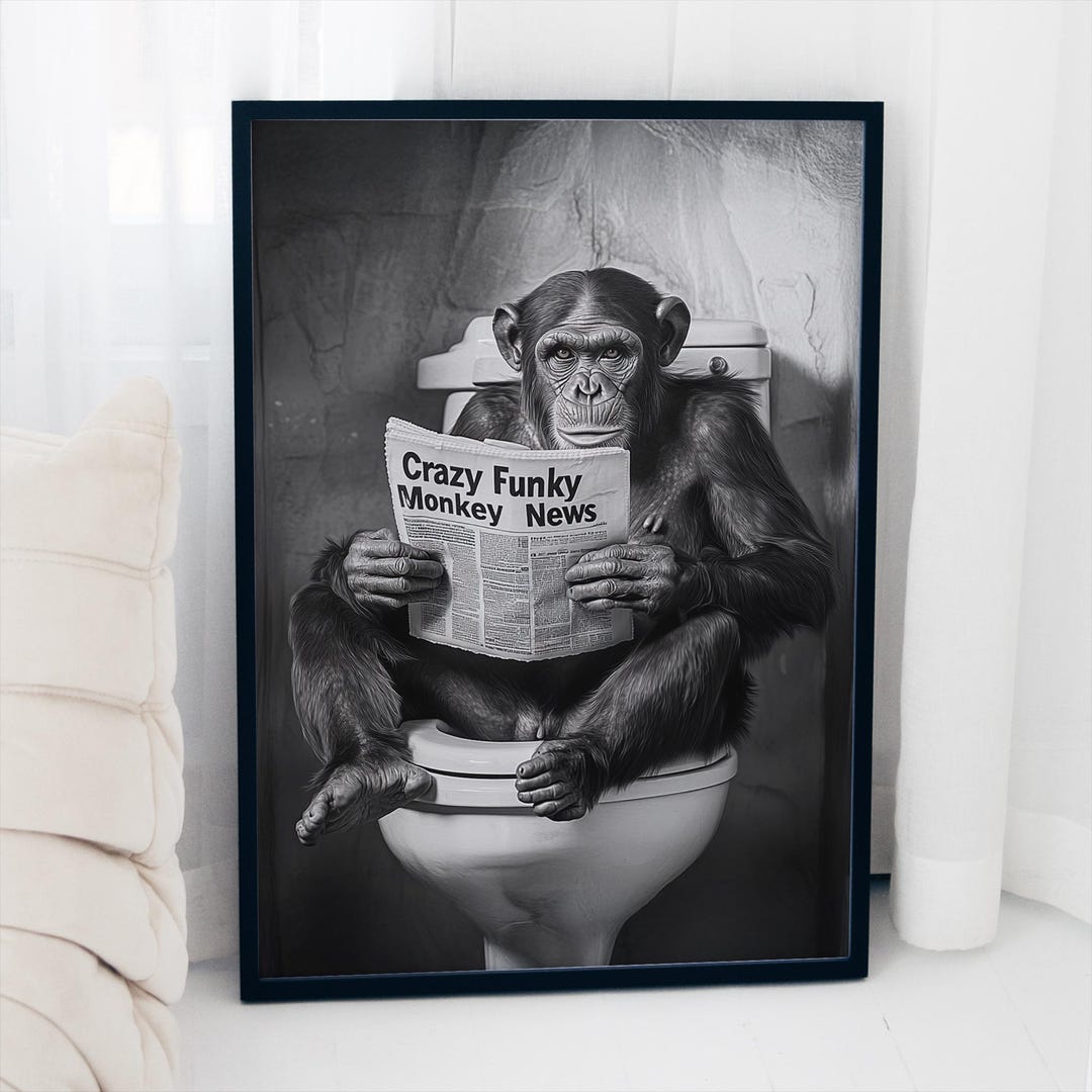 Black and White Realistic Monkey Poster - Humorous Chimpanzee Reading 'crazy Funky Monkey News ...