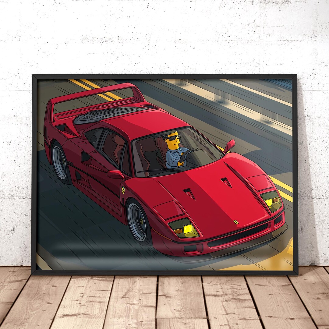 Cartoon Ferrari F40 Print, Vintage Car Poster, Red Sports Car Art ...
