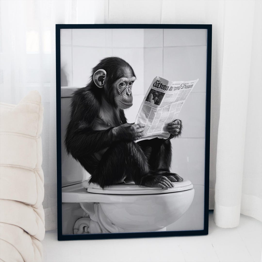 Cute Chimpanzee Reading Newspaper Black and White Poster Print Fun ...