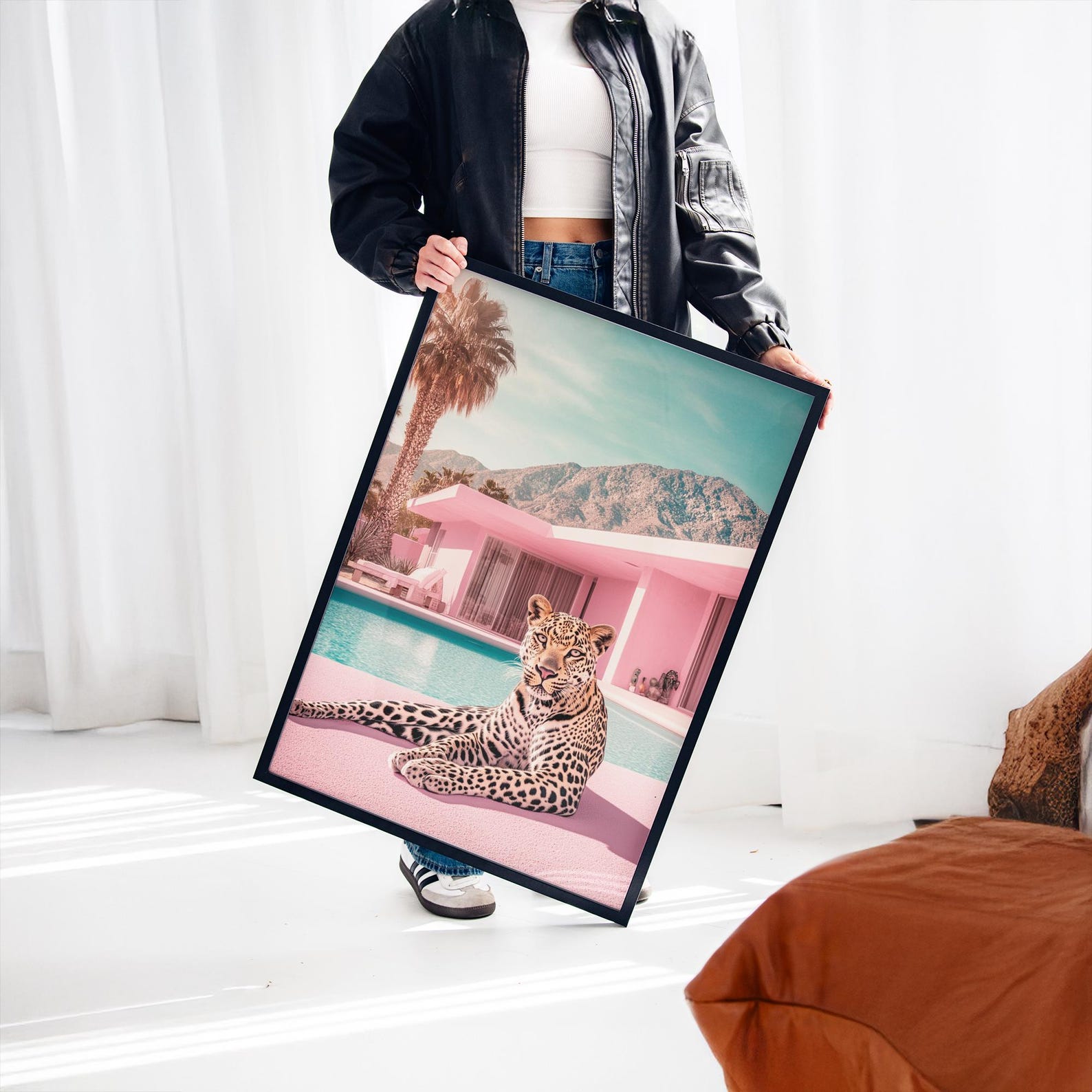 Hyper-realistic Leopard Poster Print – Wild Animal Art in Retro Palm ...