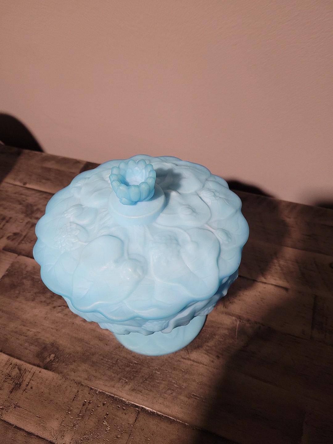 1970s Fenton Blue Milk Glass Water Lilies Compote/candy Dish With Lid ...