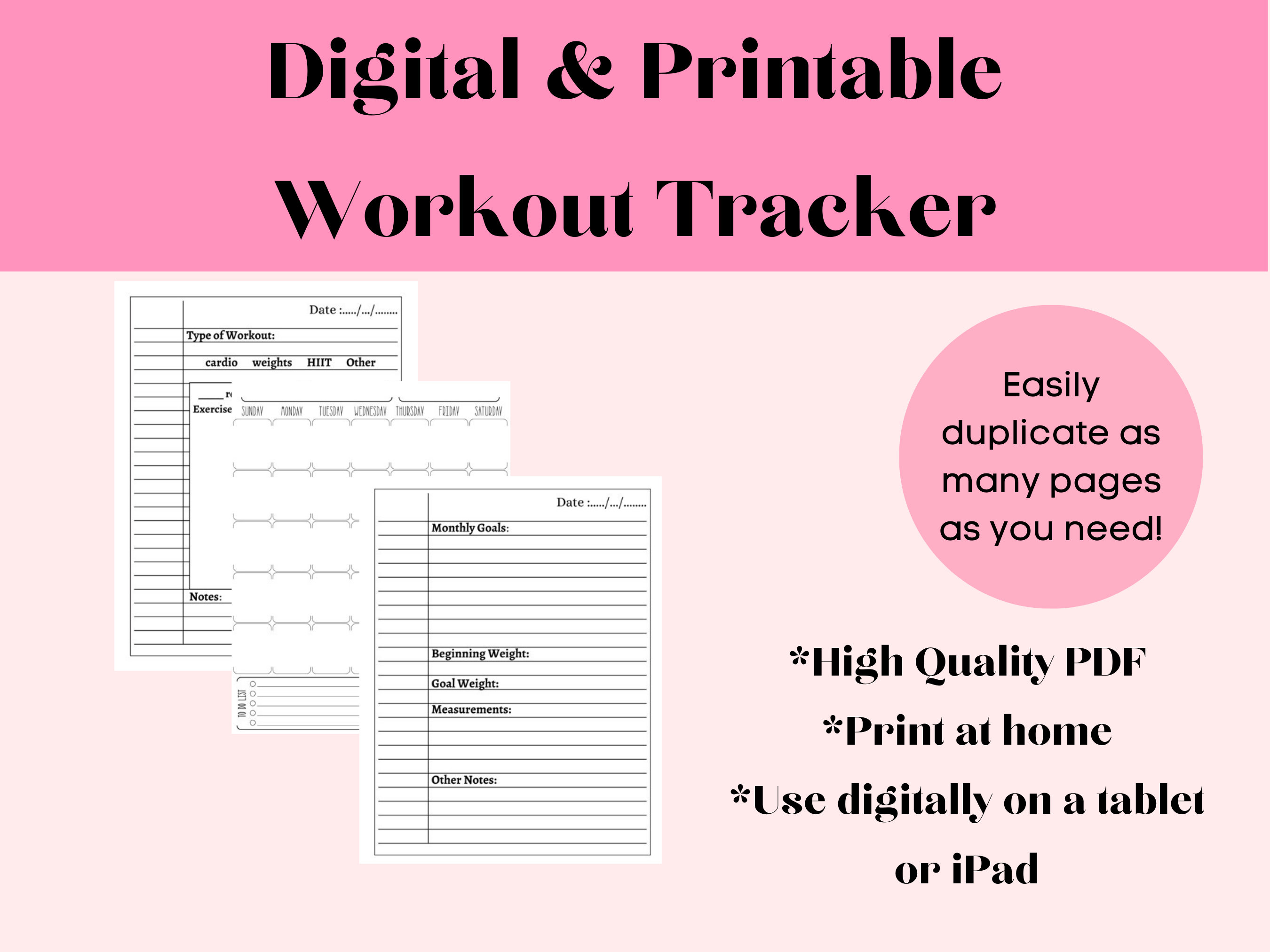 Digital Printable Workout Tracker, Fitness Tracker, Exercise Planner ...