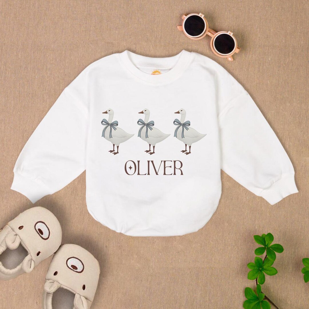 Personalized Ribbon Goose With Hearts Baby Romper Short Sleeves, Silly ...