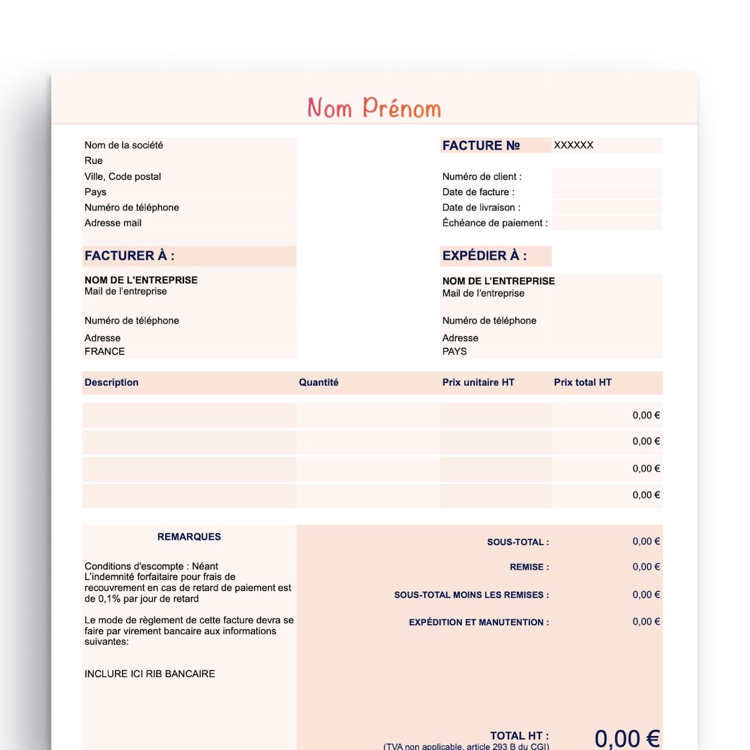 Template Facture Auto-entrepreneur Sans TVA A4 en Français - Etsy
