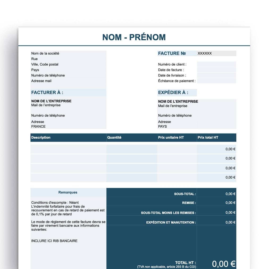 Template Facture Auto-entrepreneur Sans TVA A4 en Français - Etsy