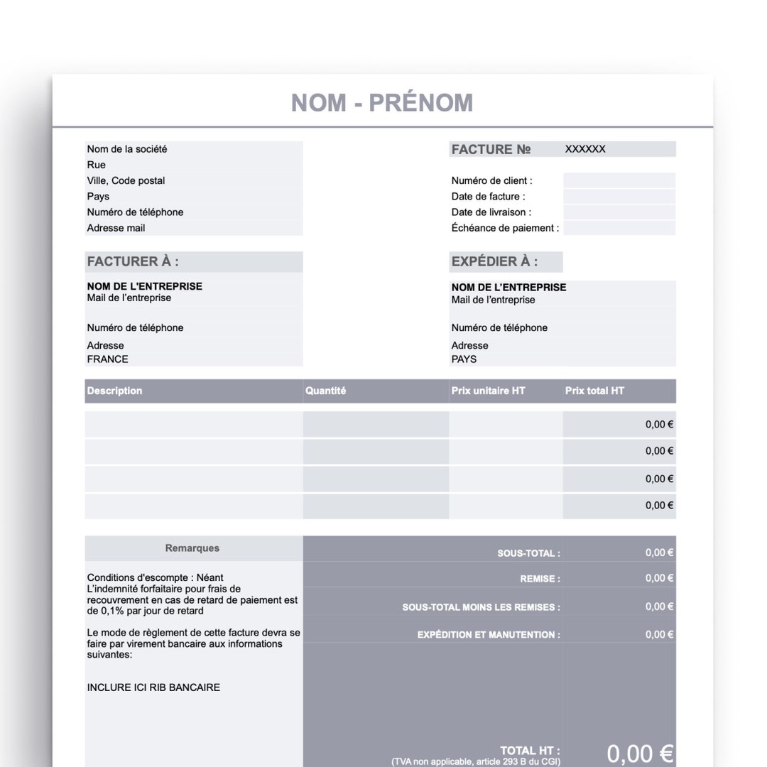 Modèle De Facture Auto-entrepreneur Sans TVA A4 en Français - Etsy