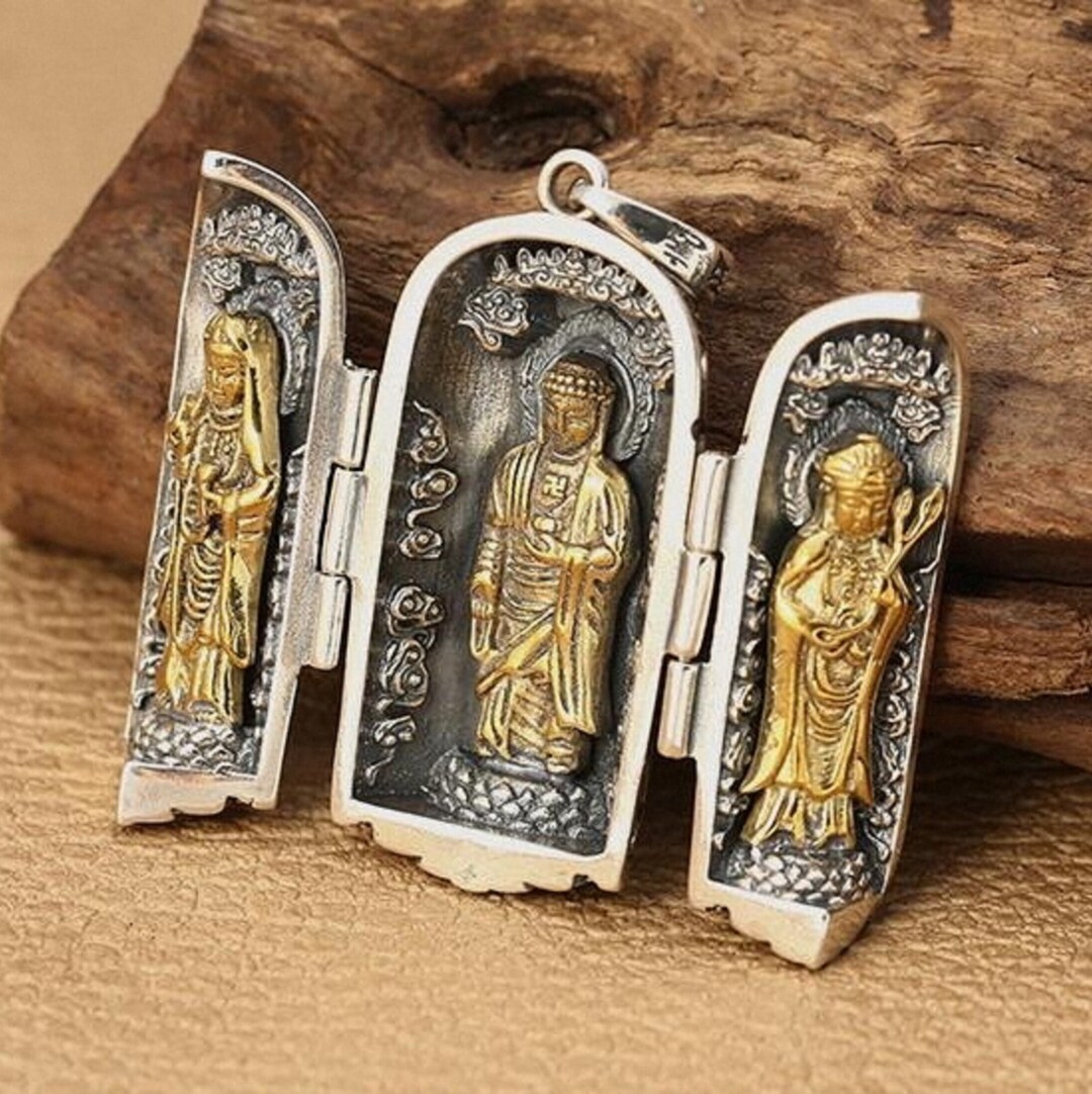 Three Trinity Ghau Box Pendant, Tibetan Ghau Shrine Necklace, Silver ...