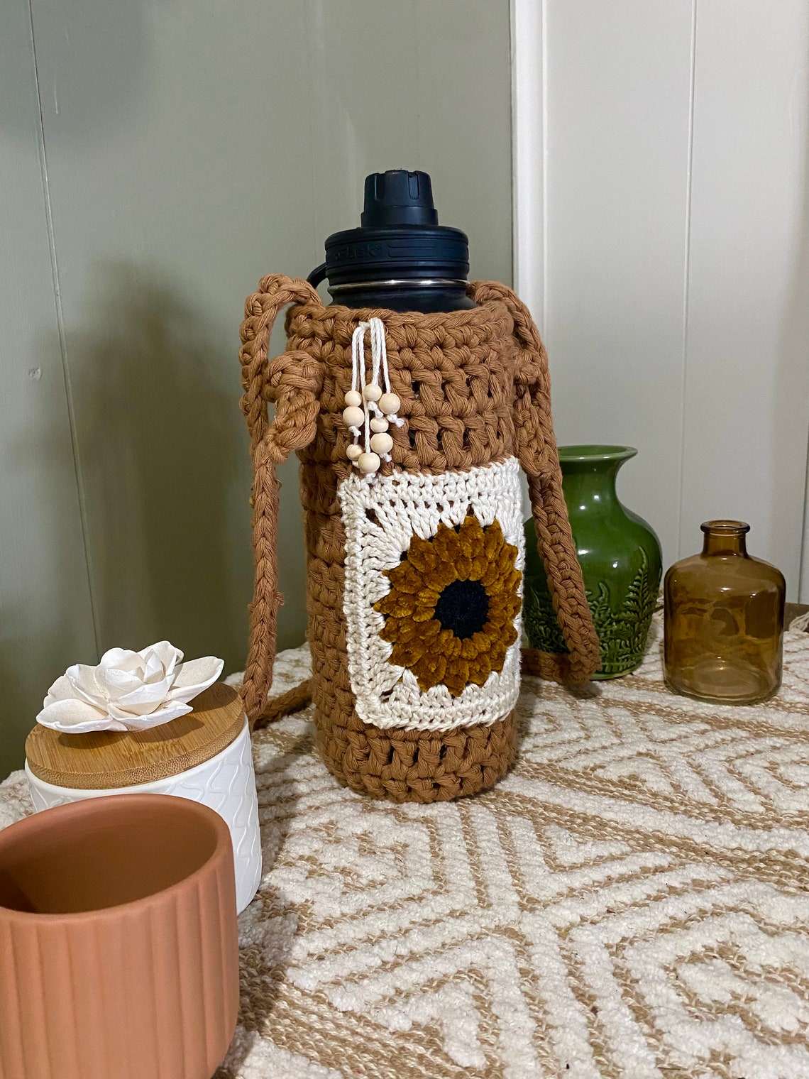 Beautiful Crochet and Macramé Boho Style Water Bottle/flask Holder for ...
