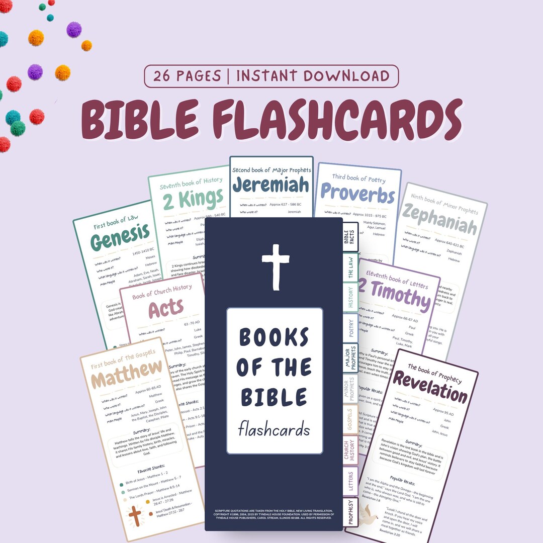 Kids Bible Flashcards Printable Books of the Bible Summary Sunday ...