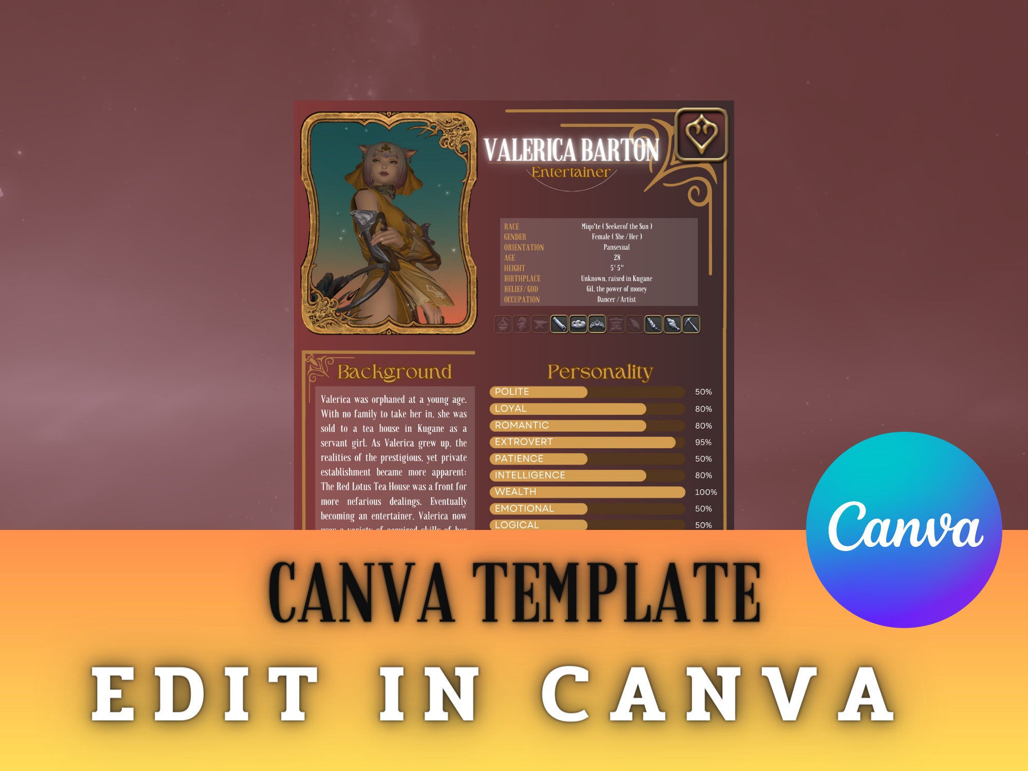 FF14 SAMURAI Character Sheet Printable / Canva Editable Final - Etsy