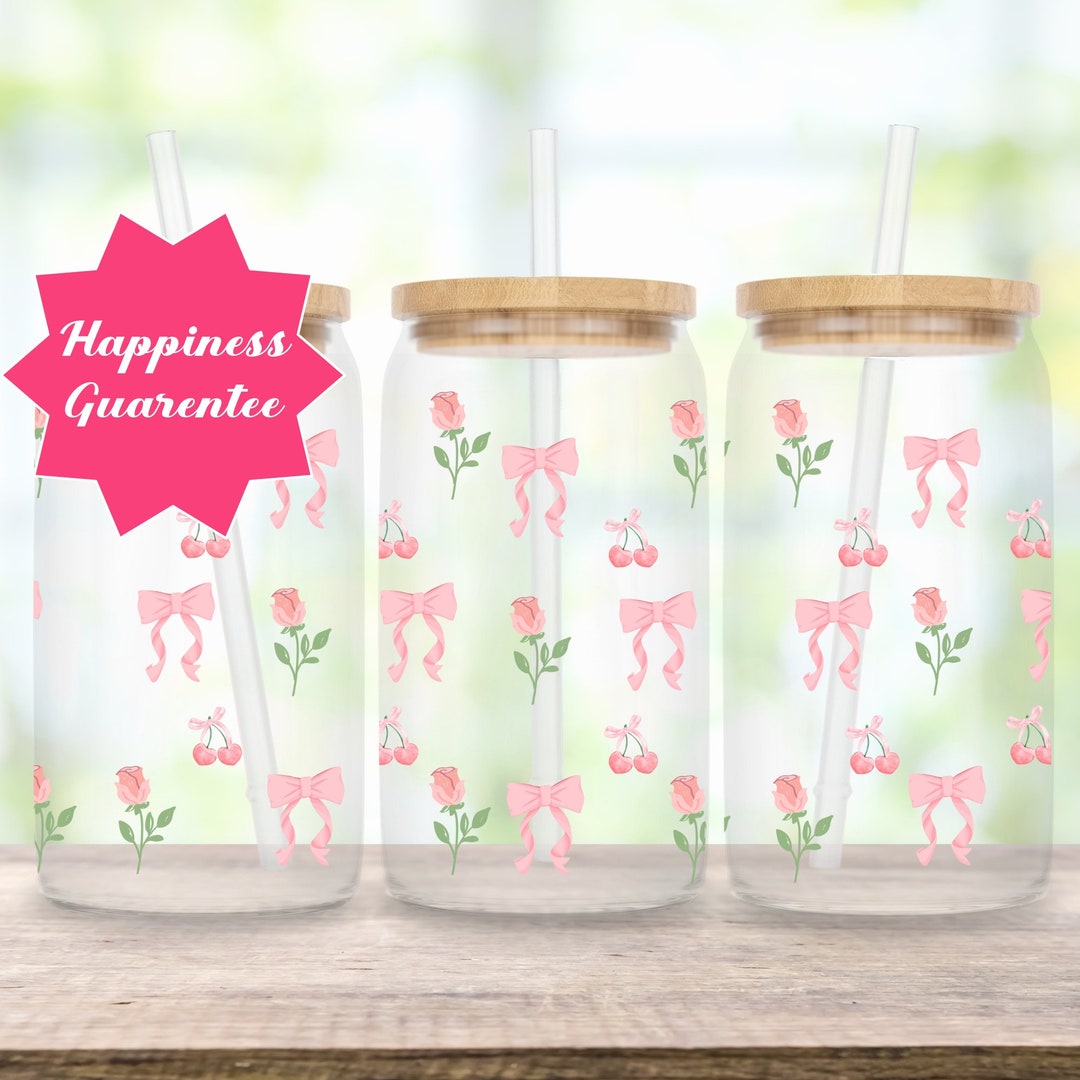 Coquette Pink Bows Aesthetic Drinking Glass, Coquette Cherries and ...