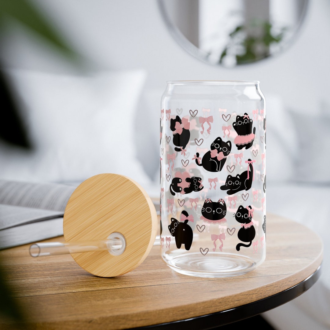 Coquette Black Cat Sipper Glass, Coquette Aesthetic Drinking Cup, Pink ...