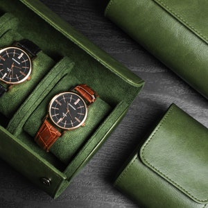 Personalized Vintage Green Leather Watch Case, Men Watch Roll, Travel ...