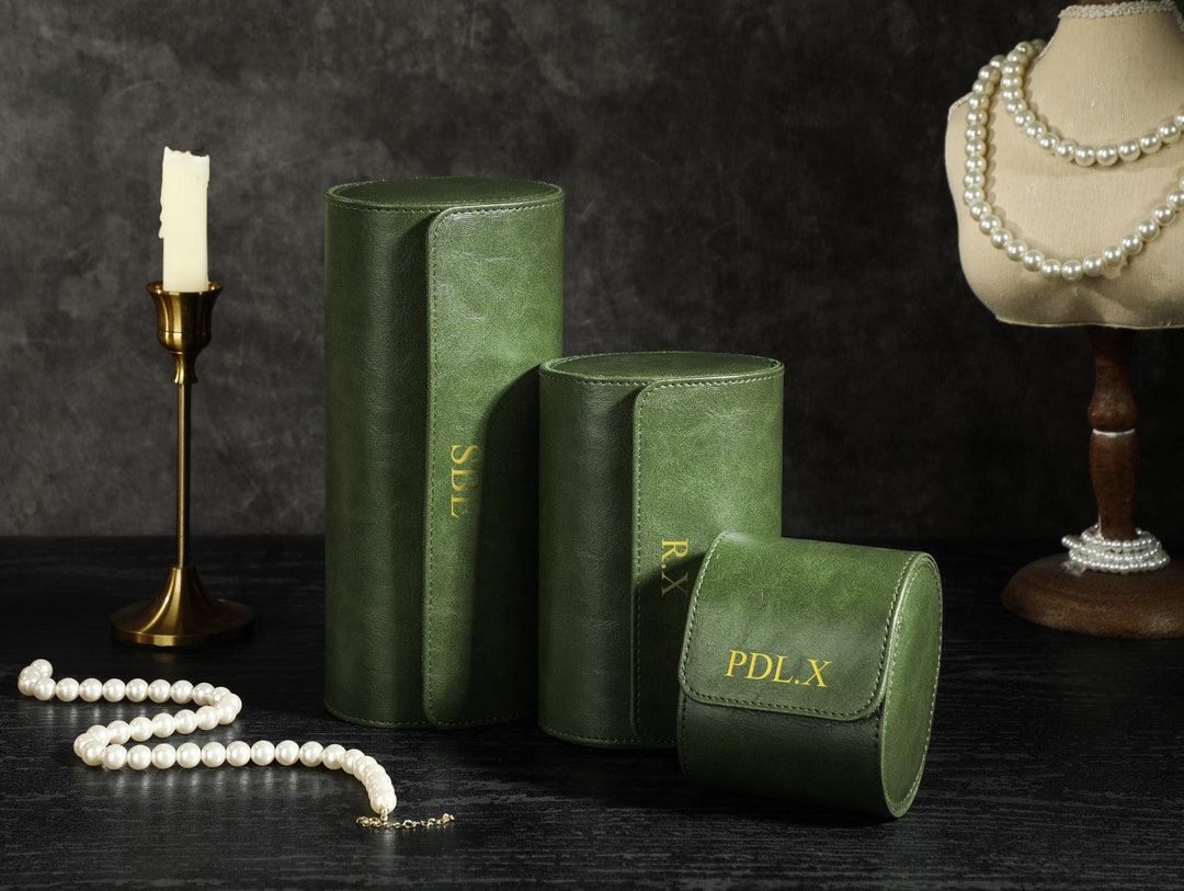 Personalized Vintage Green Leather Watch Case, Men Watch Roll, Travel ...
