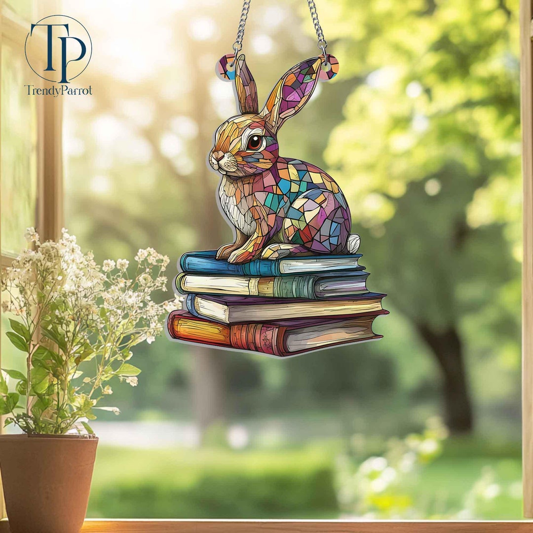 Rabbit on the Books Suncatcher, Rabbit Suncatcher, Bunny Decor, Book ...