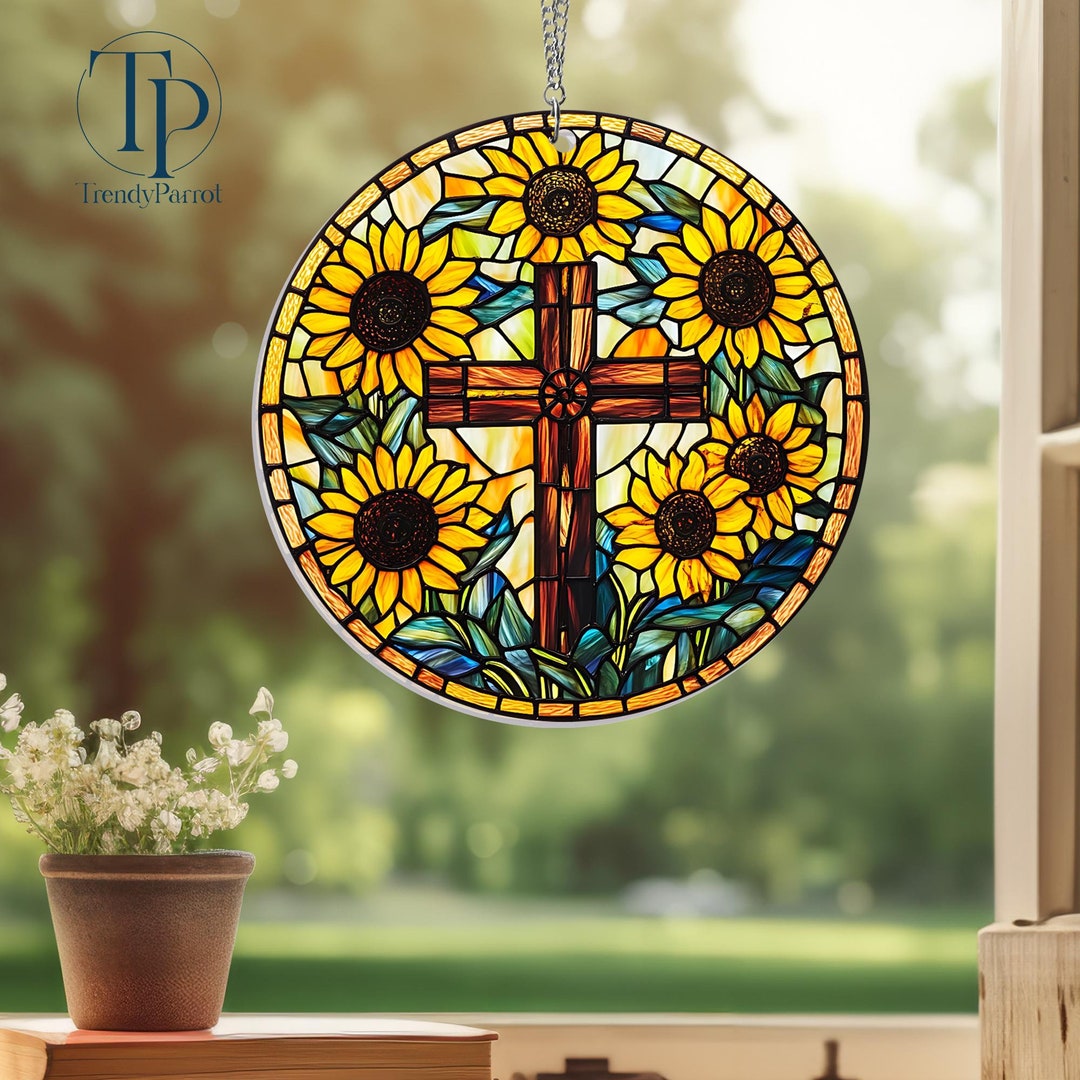 Cross Sunflower Suncatcher Window Hanging, Sunflower Ornament, Cross ...