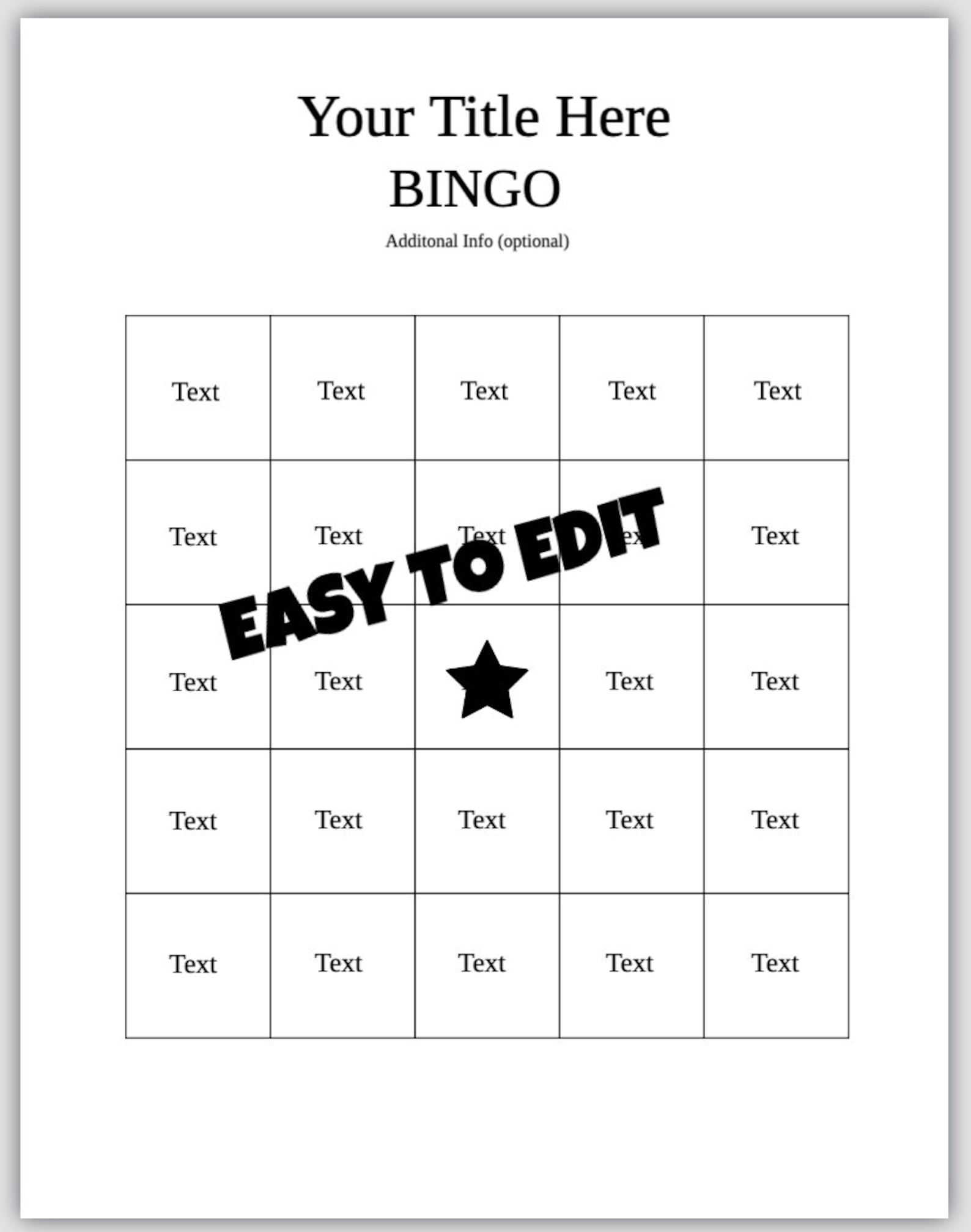 Bingo Card, Editable, Printable, Custom, Templett, Party, Games,8x11 In ...