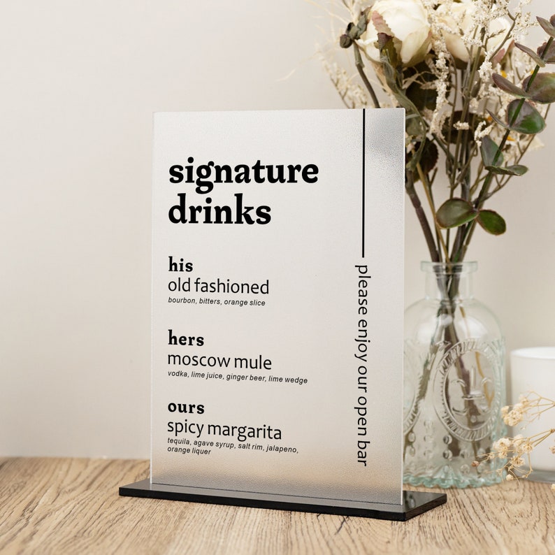 Signature Drink Sign, Acrylic Minimalist Bar Menu, Modern Drink Menu ...