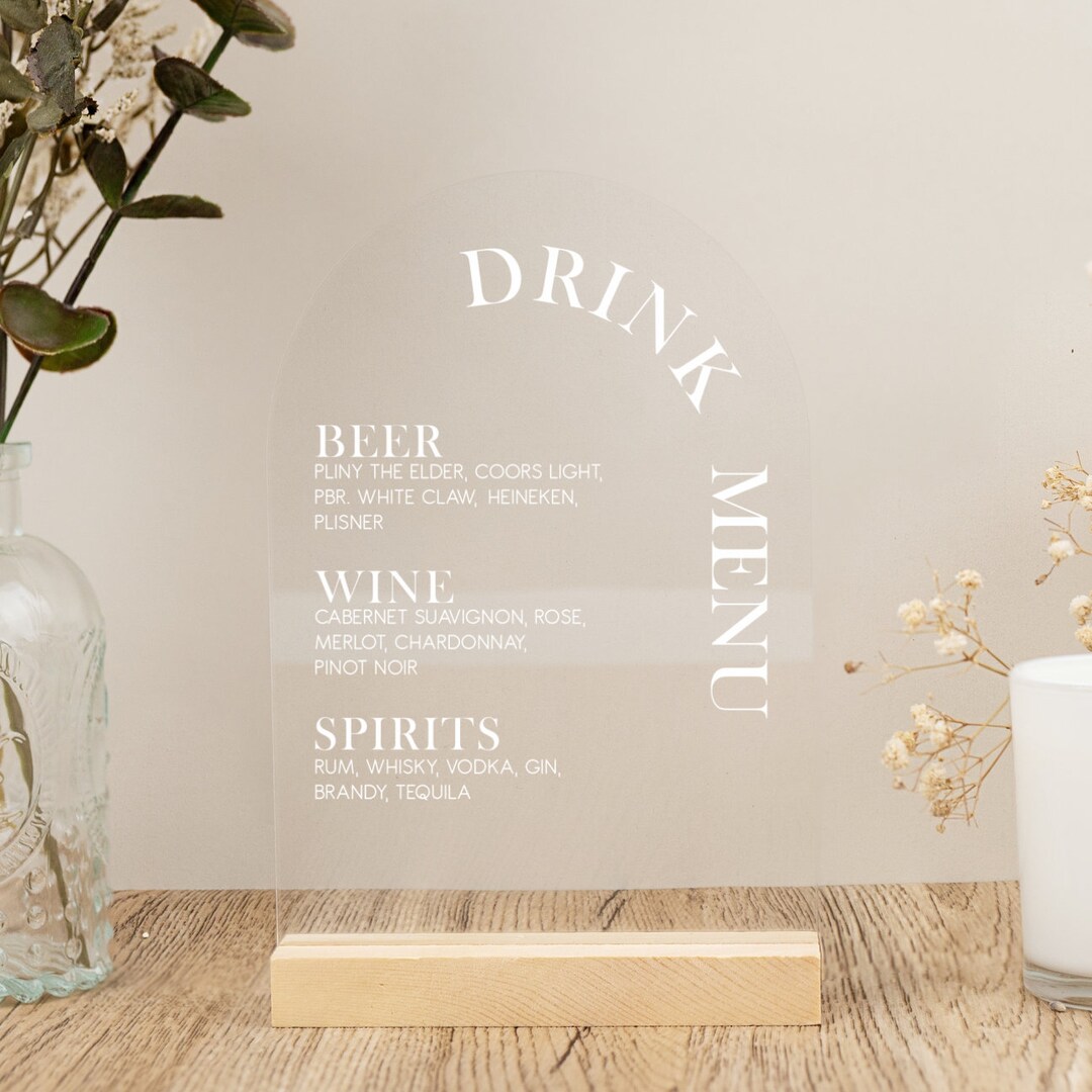 Open Bar Drink Sign, Acrylic Wedding Sign, Bar Menu Sign, Modern ...
