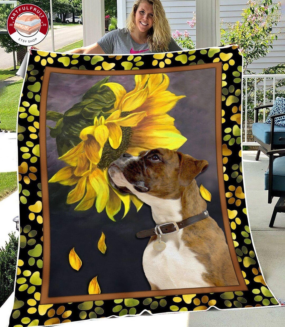 Boxer Sunflower and Boxer Cute Dogs Smelling Flower Fleece Blanket ...